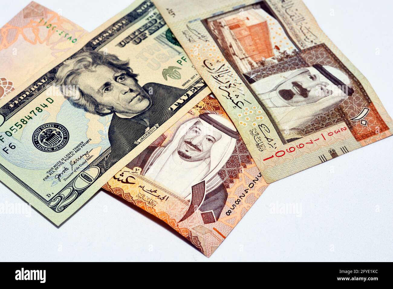 American 20 dollars with Saudi Arabia riyals currency banknotes of 10 ...