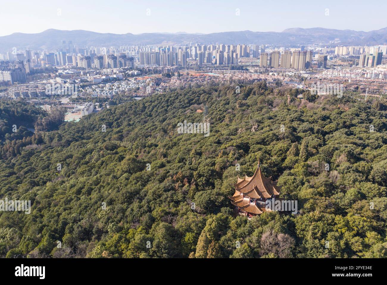 Aerial view of the Golden Temple Park in Jindian Park, Kunming - China ...