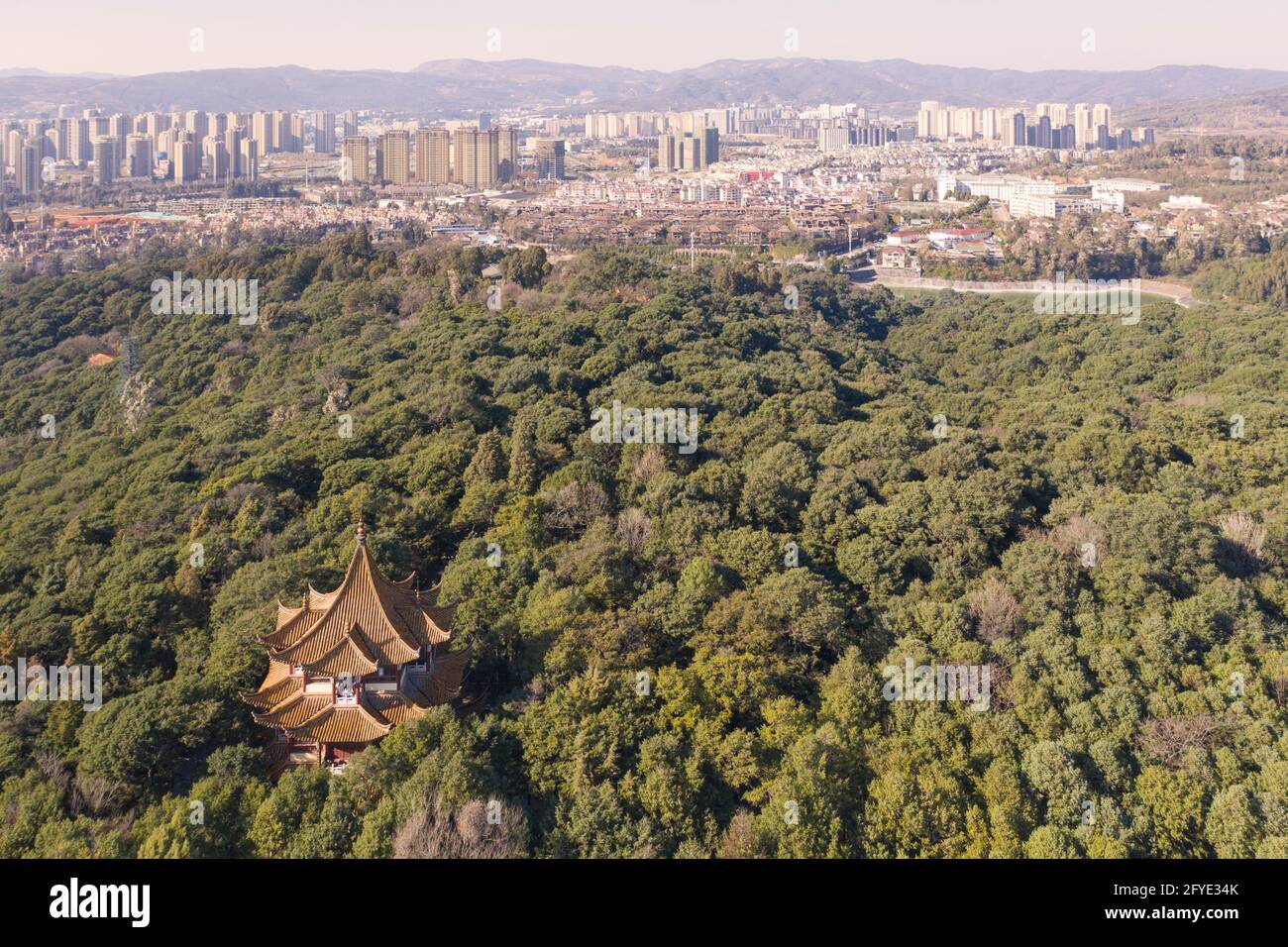 Aerial view of the Golden Temple Park in Jindian Park, Kunming - China ...