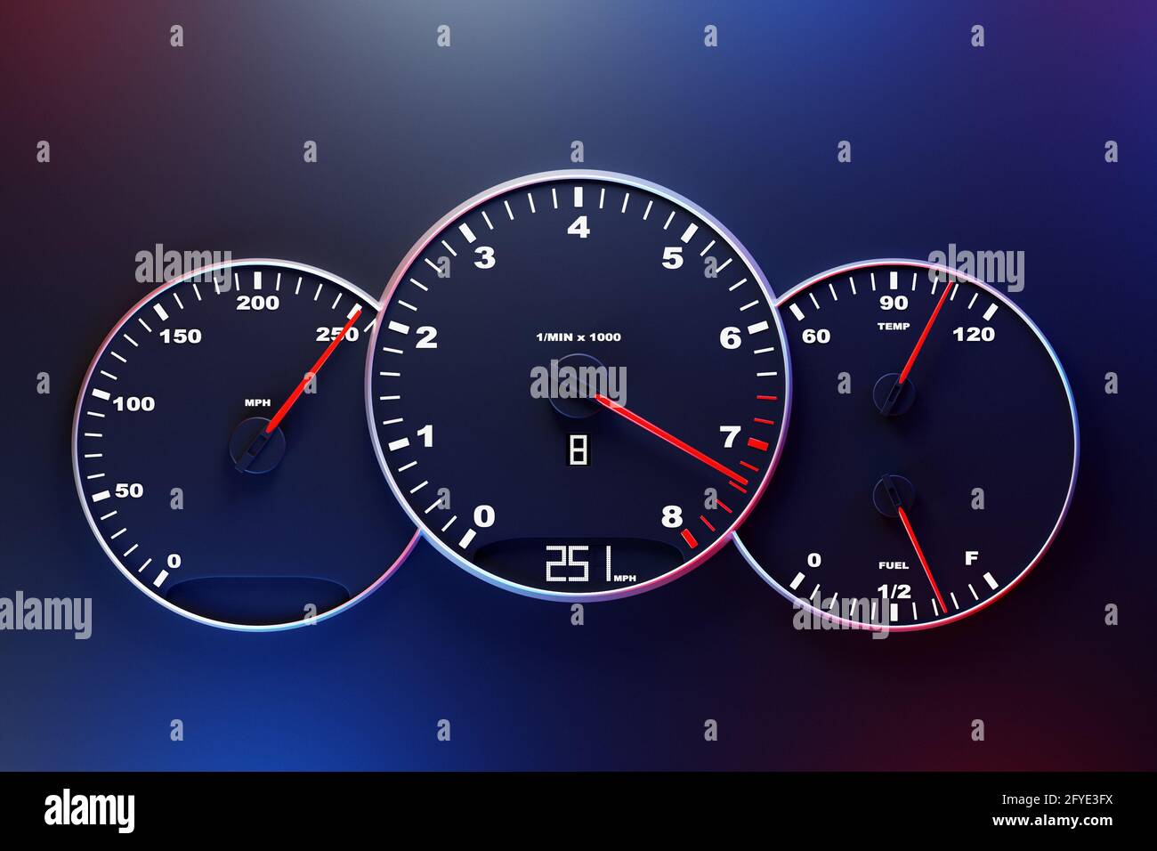 3D illustration of the close up Instrument automobile panel with ...