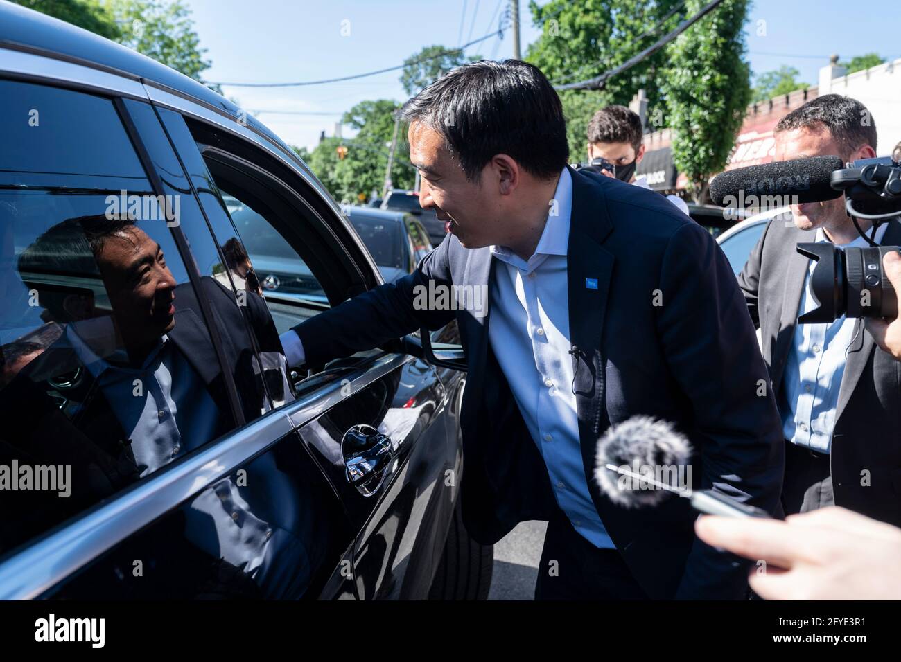 New York, NY - May 27, 2021: Mayoral candidate Andrew Yang and city ...