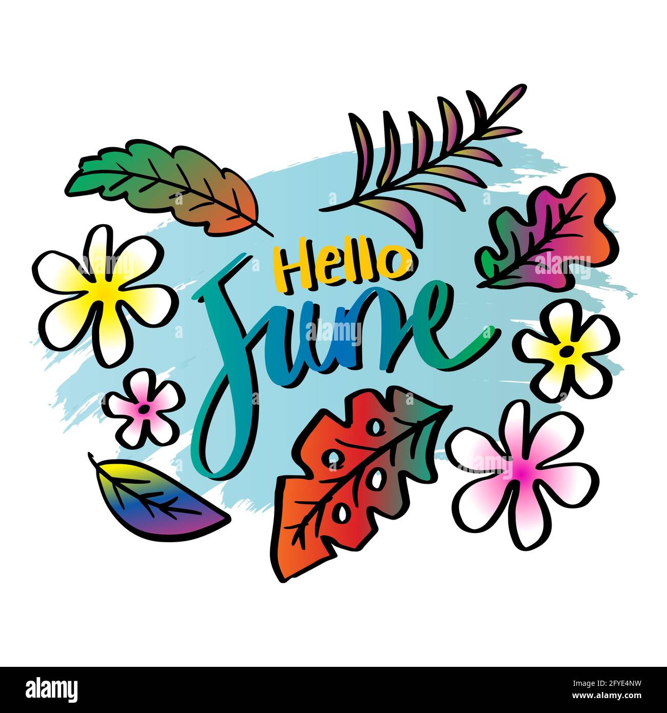 Hello June hand lettering with floral ornament, greeting card Stock ...