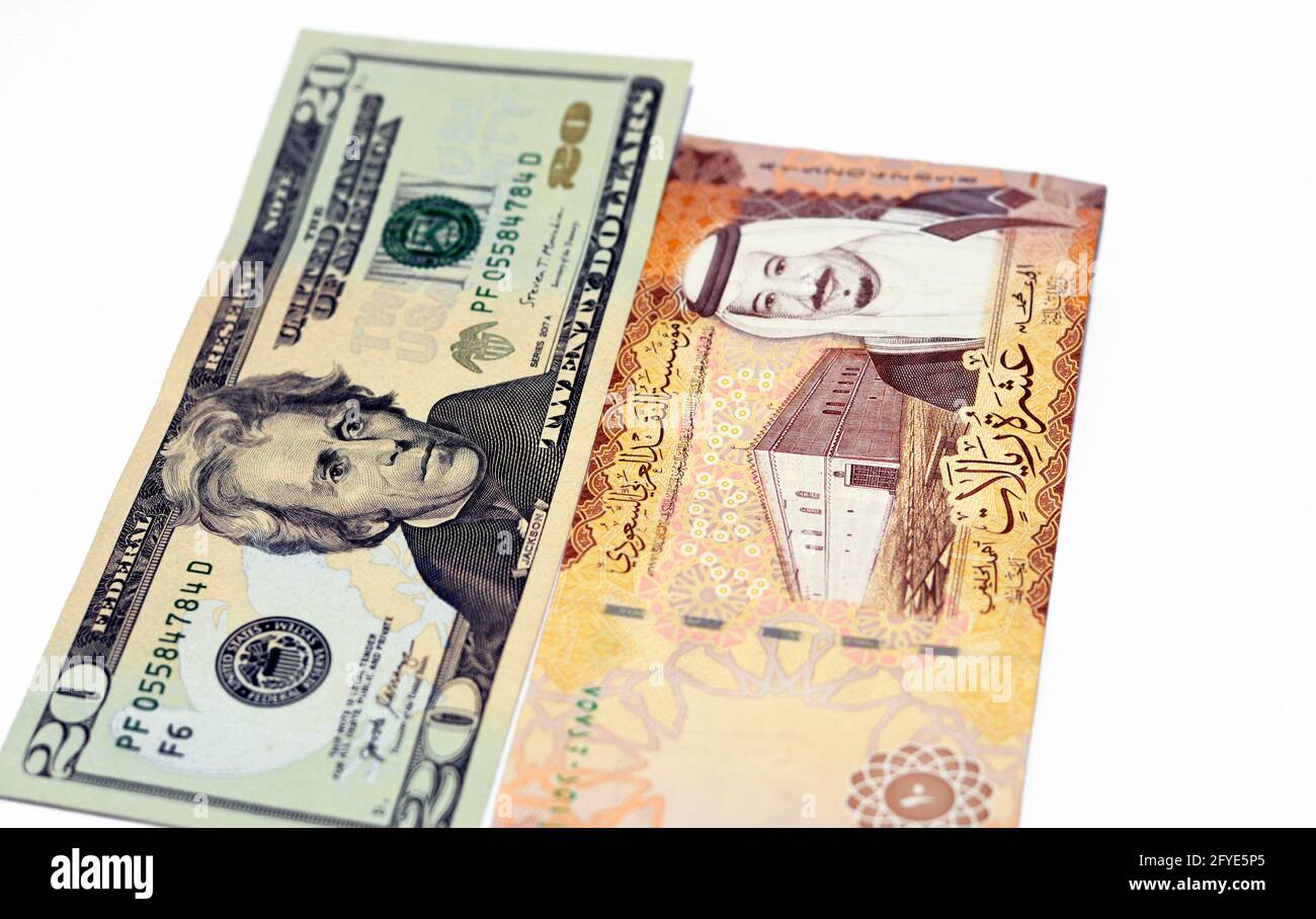 American 20 dollars with Saudi Arabia riyals currency banknotes of 10 ...