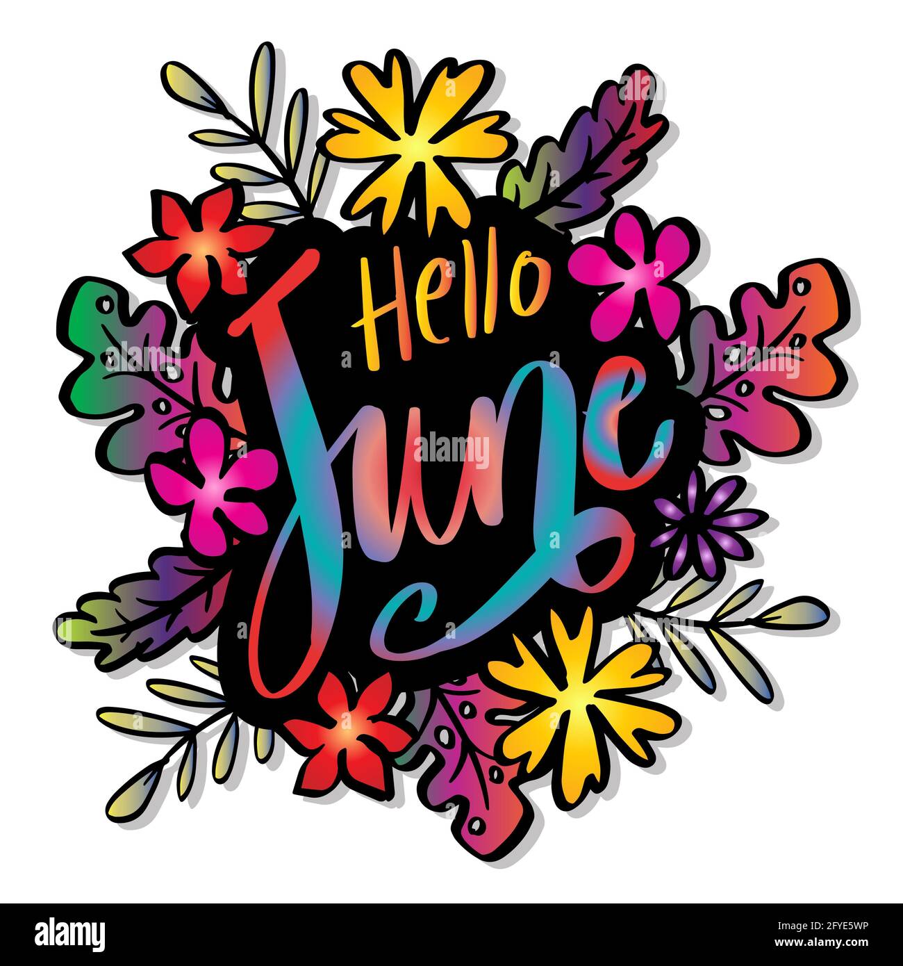 Hello June hand lettering with floral ornament, greeting card Stock ...