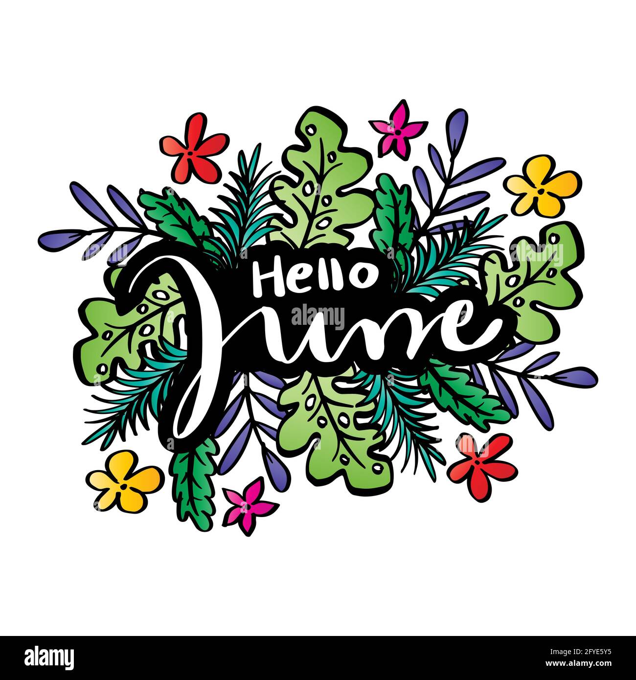 Hello June hand lettering with floral ornament, greeting card Stock ...