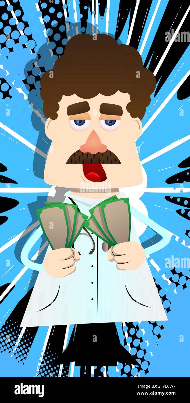 Funny cartoon doctor holding or showing money bills. Vector ...