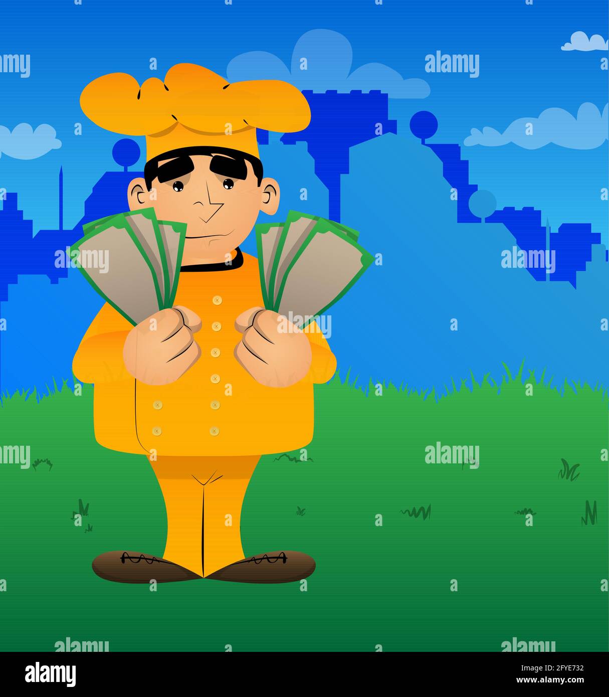 Fat male cartoon chef in uniform holding or showing money bills. Vector ...