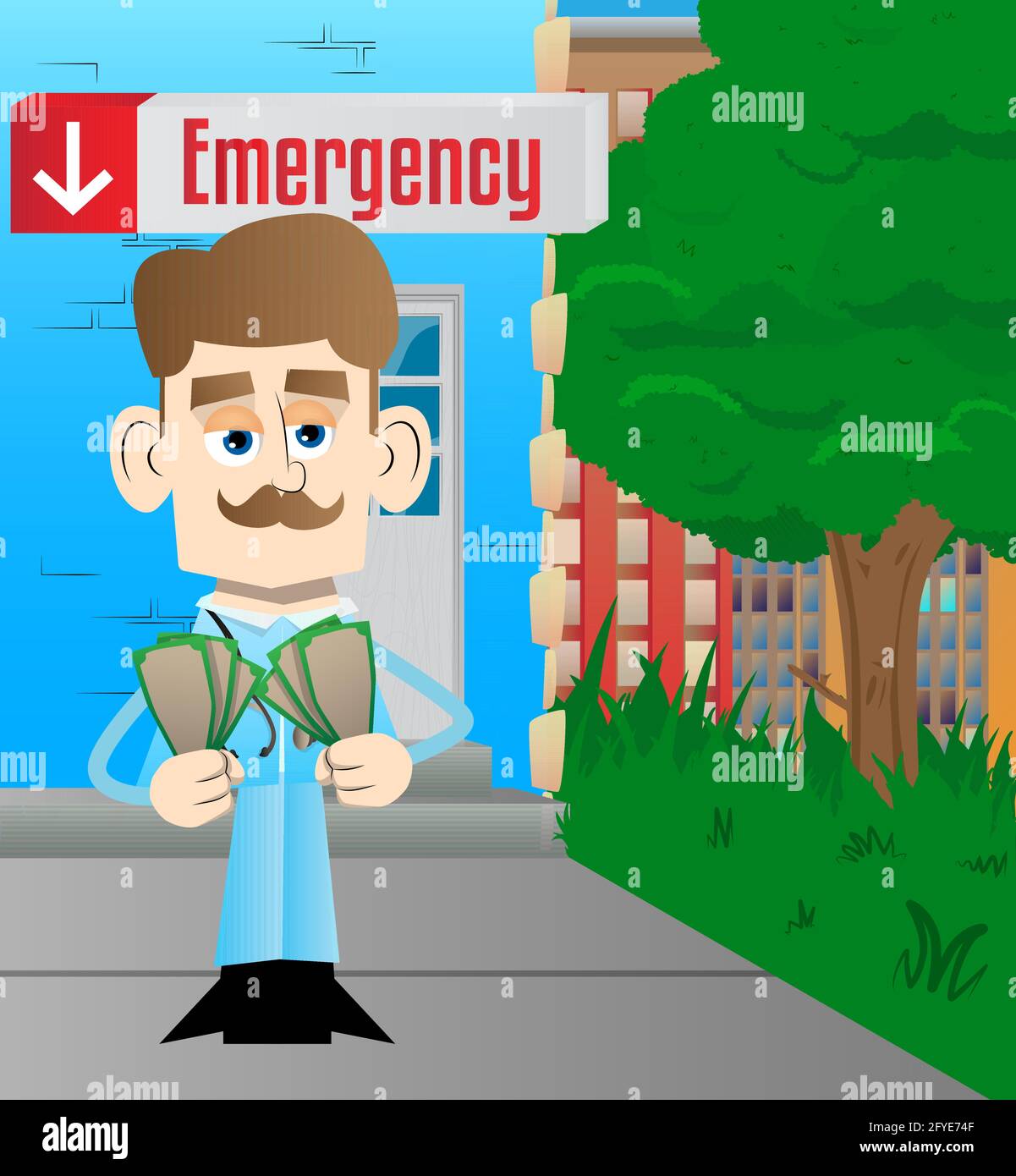 Funny cartoon doctor holding or showing money bills. Vector ...