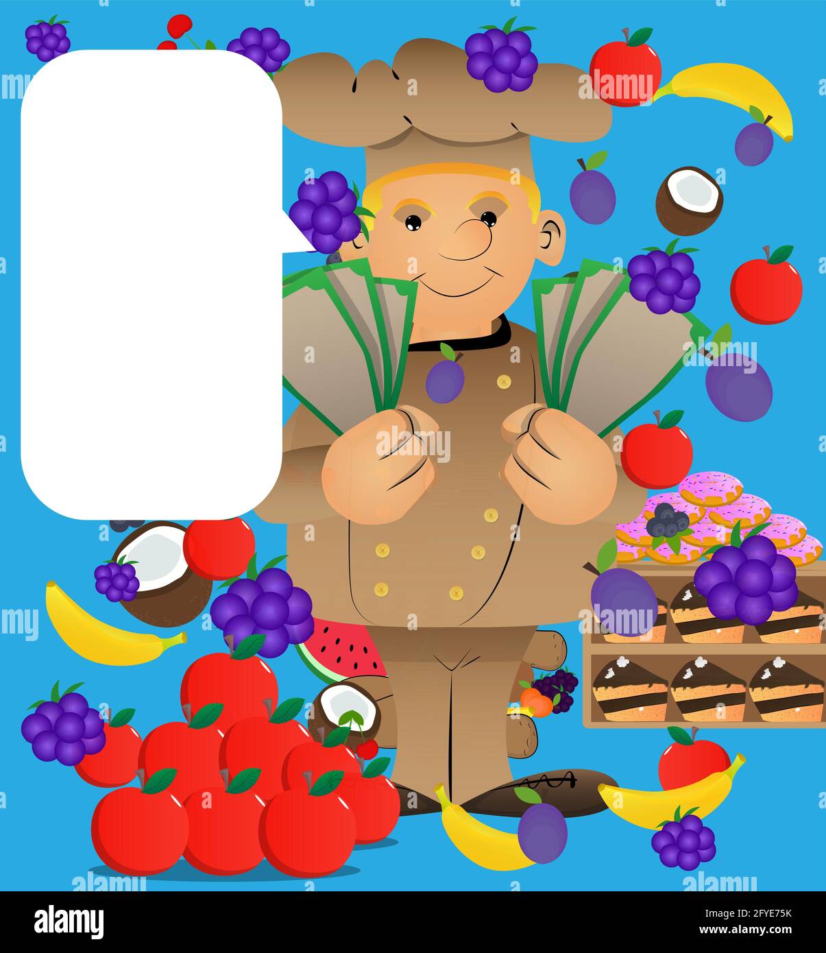 Fat male cartoon chef in uniform holding or showing money bills. Vector ...