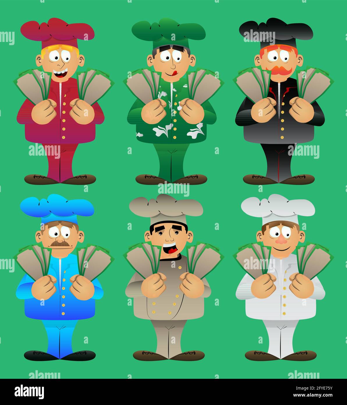 Fat male cartoon chef in uniform holding or showing money bills. Vector ...