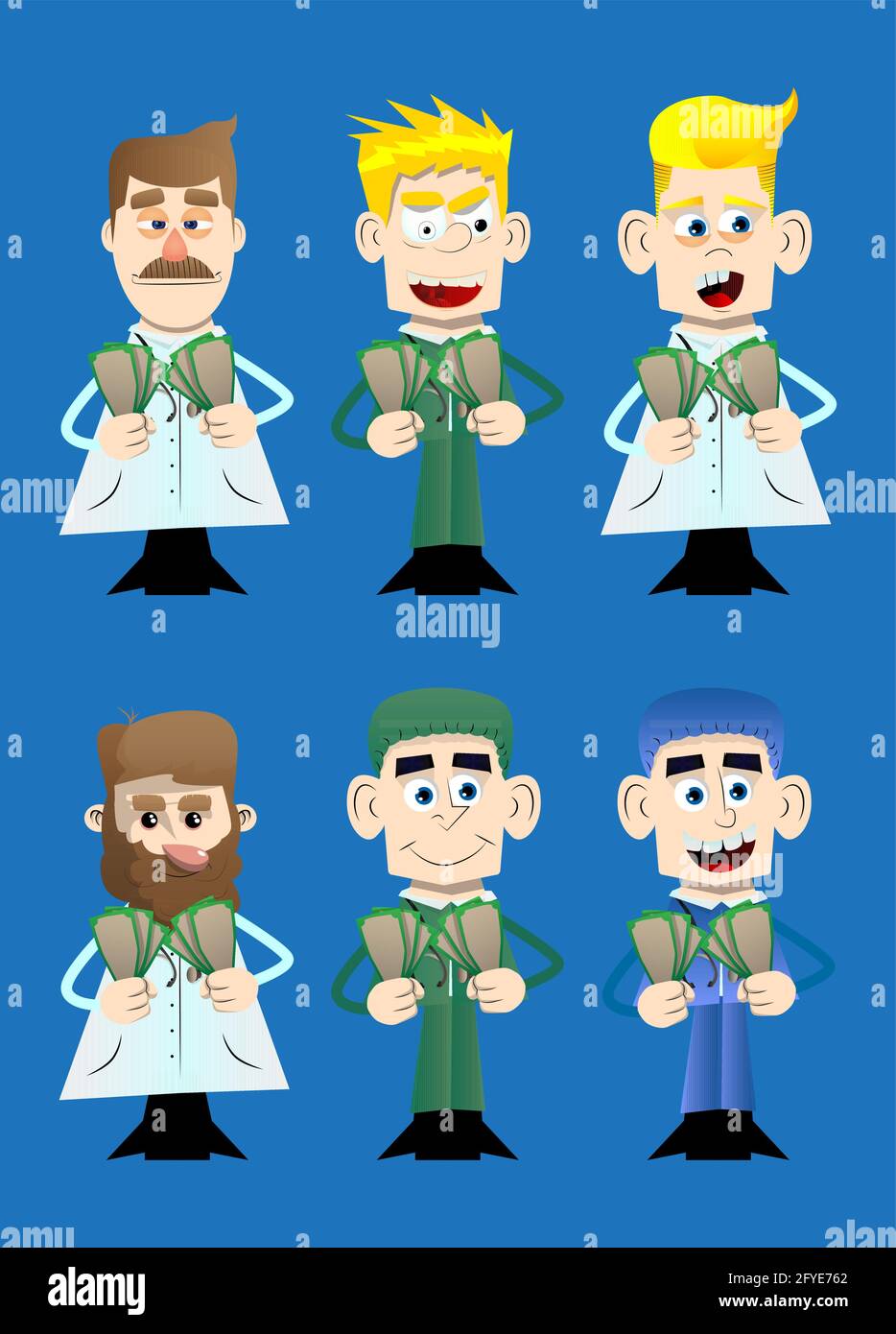 Funny cartoon doctor holding or showing money bills. Vector ...