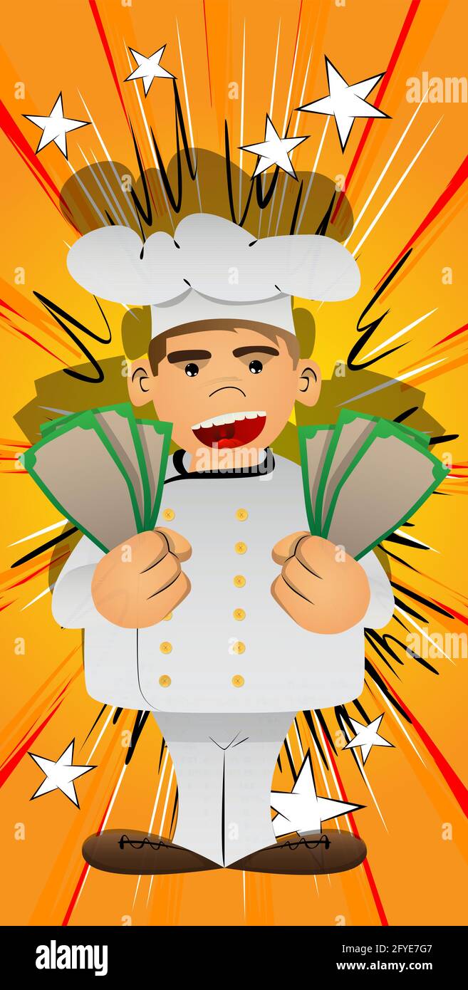 Fat male cartoon chef in uniform holding or showing money bills. Vector ...
