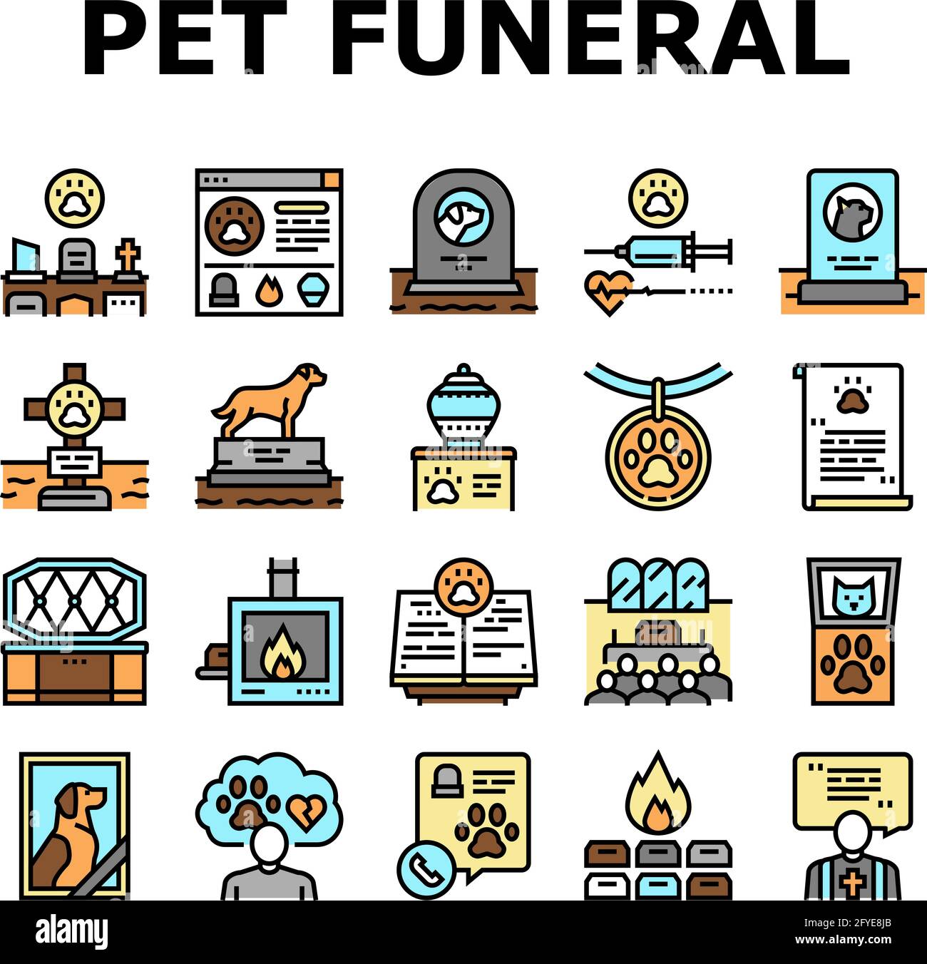 Pet Funeral Cemetery Collection Icons Set Vector Stock Vector Image ...