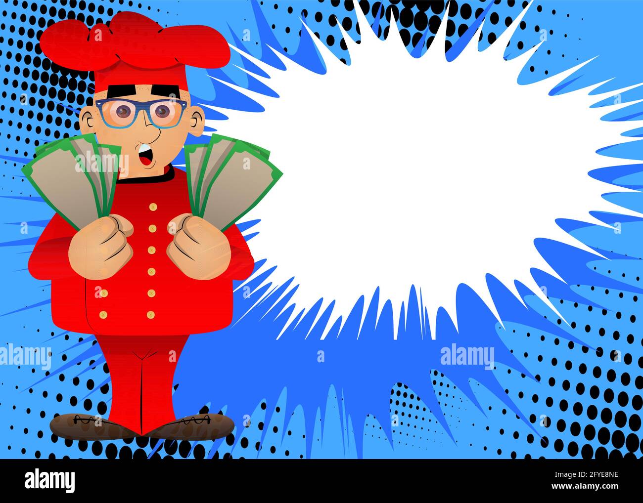 Fat male cartoon chef in uniform holding or showing money bills. Vector ...