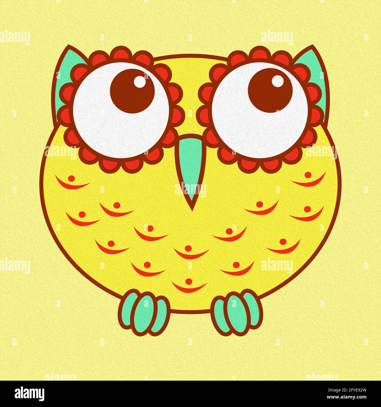 Illustration of a funny oval owl on pale yellow background, made as an ...