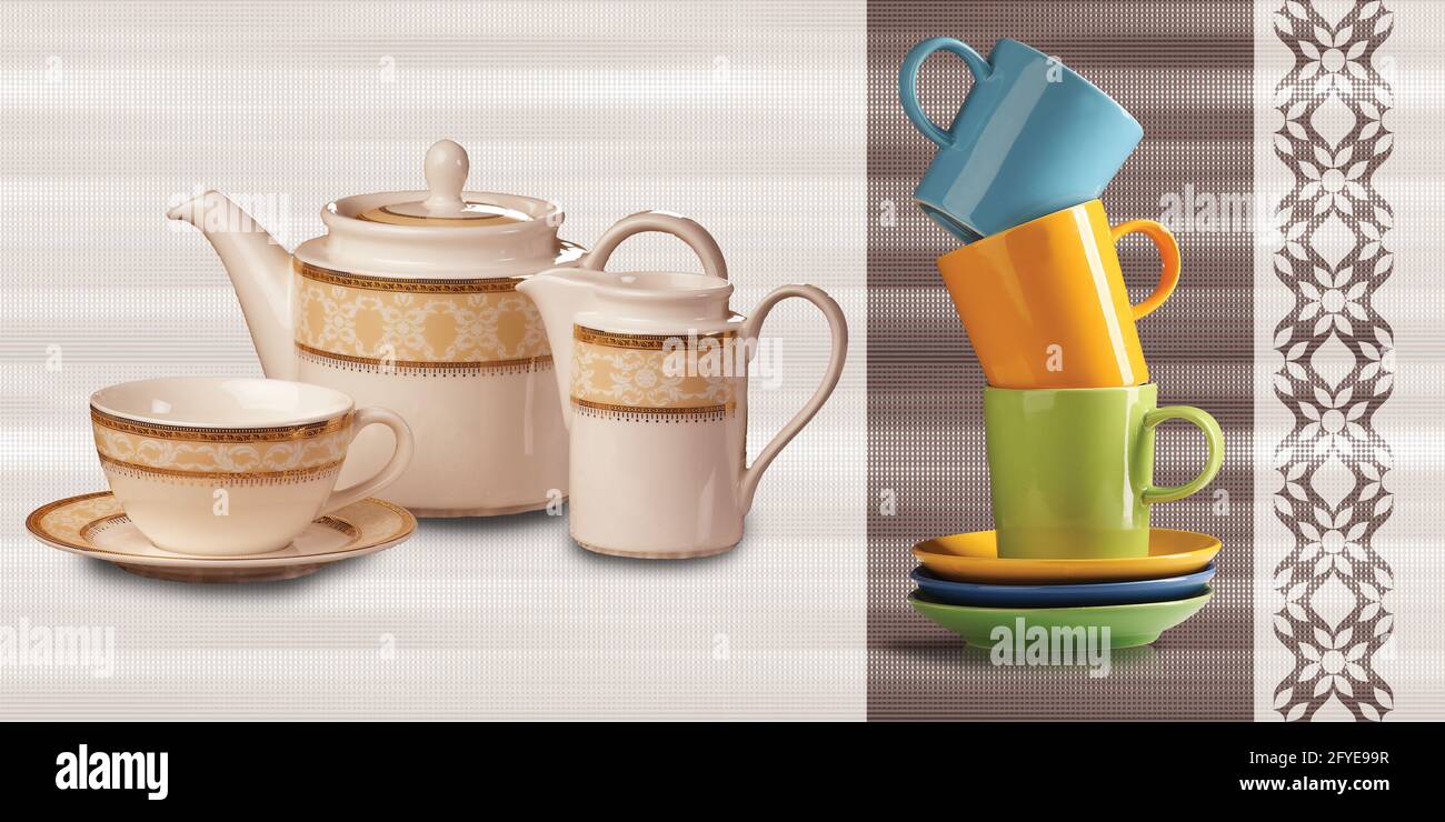 multi color tea cup and pot design for wall tiles and wall paper Stock ...