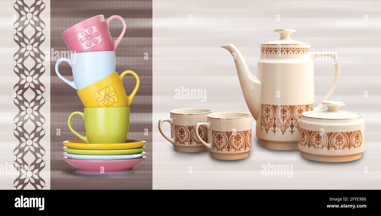 multi color tea cup and pot design for wall tiles and wall paper Stock ...