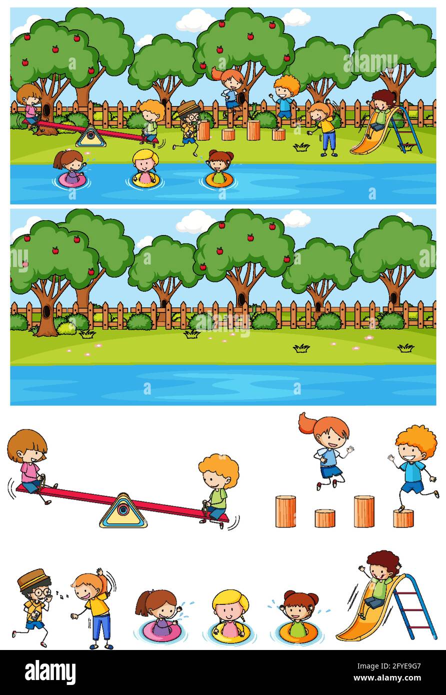 Playground scene set with many kids doodle cartoon character isolated ...
