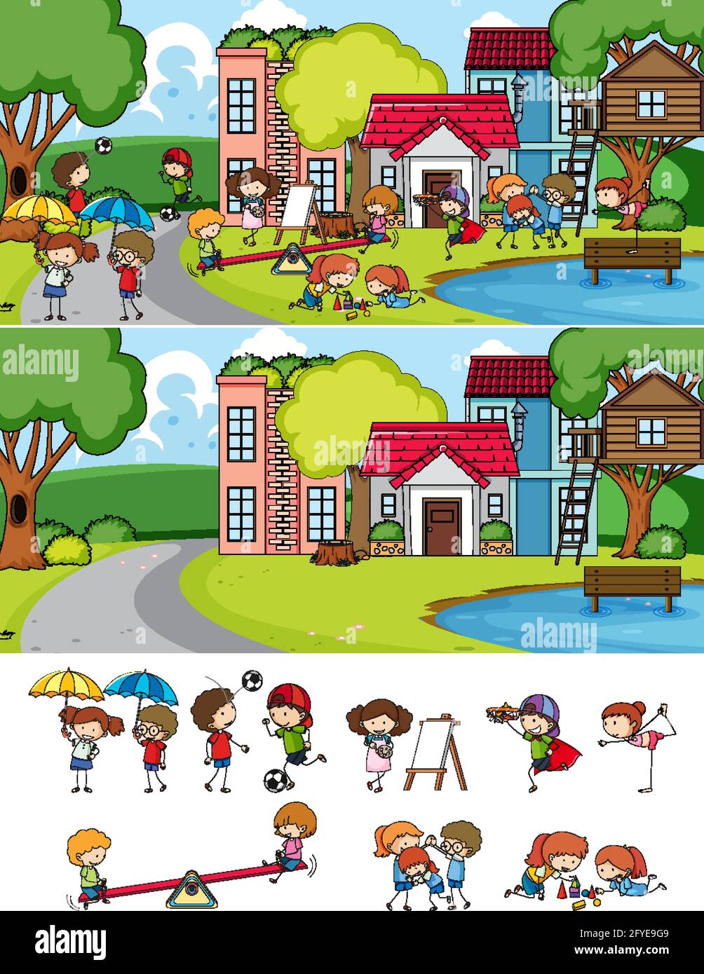 Park scene set with many kids doodle cartoon character isolated ...