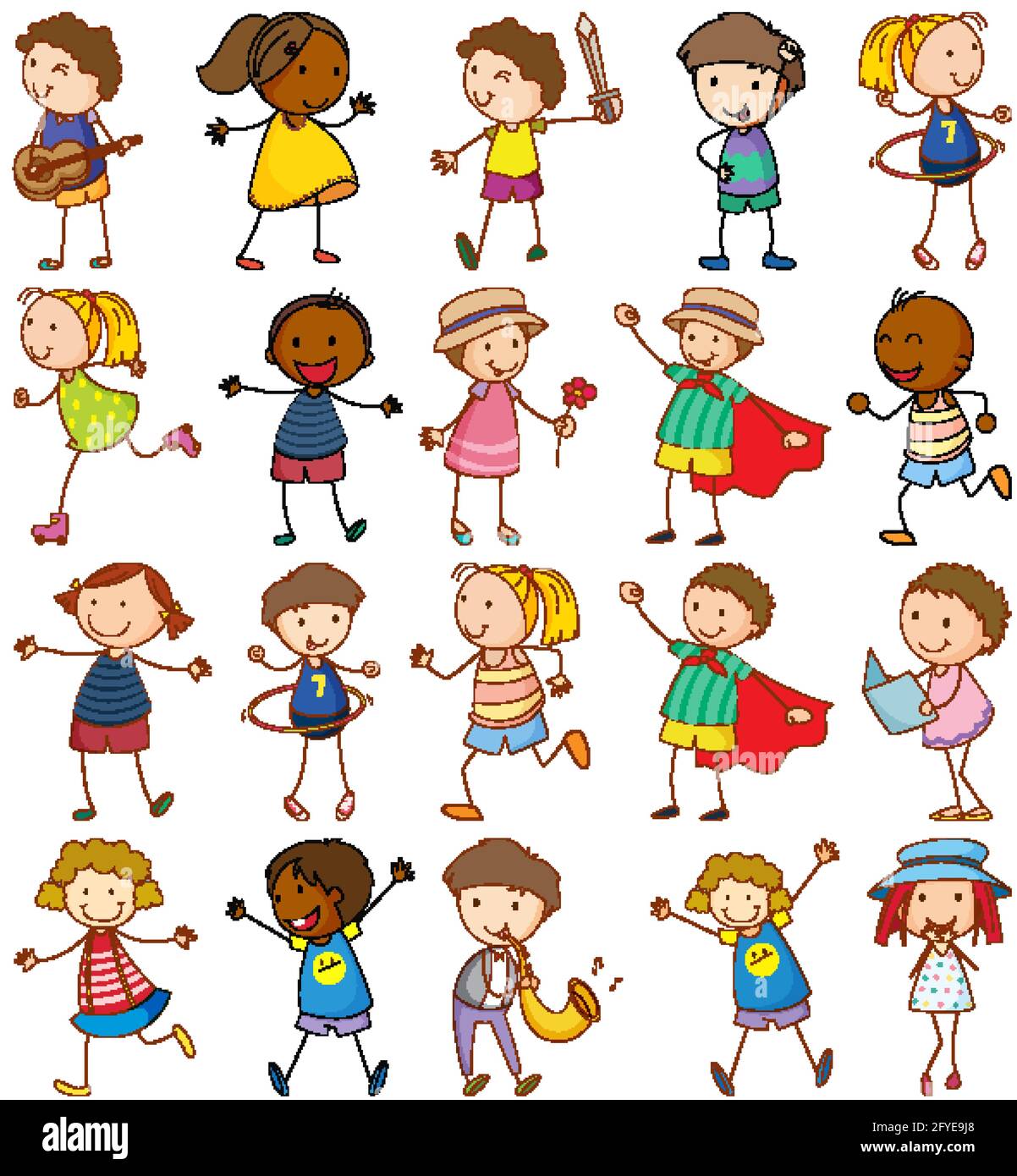 Set of different doodle kids cartoon character illustration Stock ...
