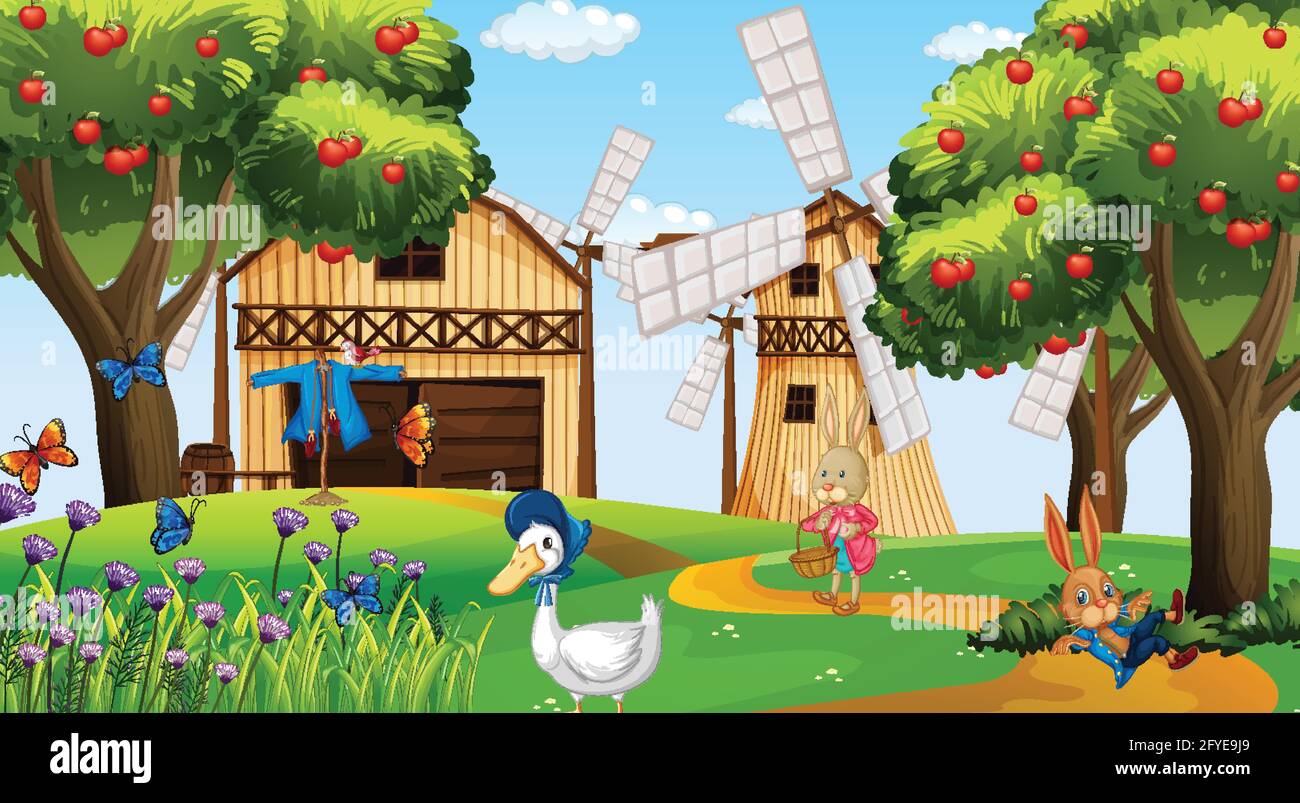 Farm at daytime scene with rabbit and duck cartoon character ...