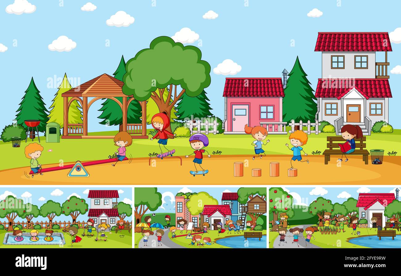 Outdoor scene set with many kids doodle cartoon character illustration ...
