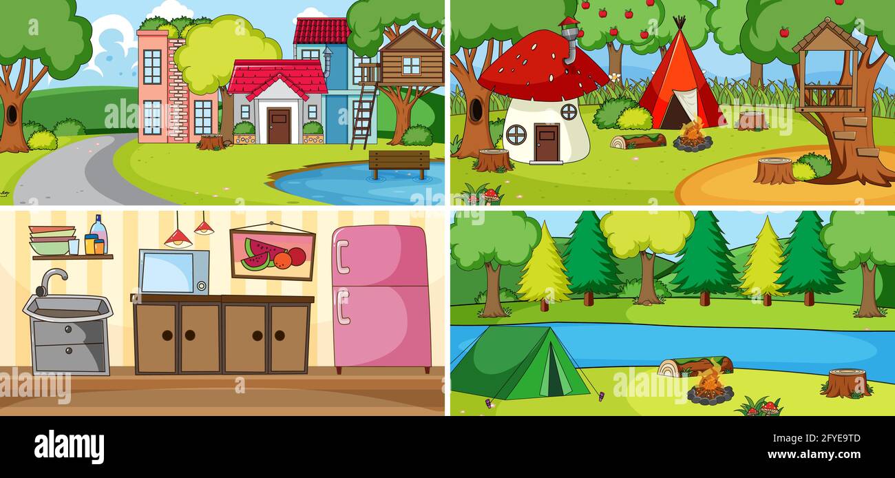 Outdoor scene set with many kids doodle cartoon character illustration ...