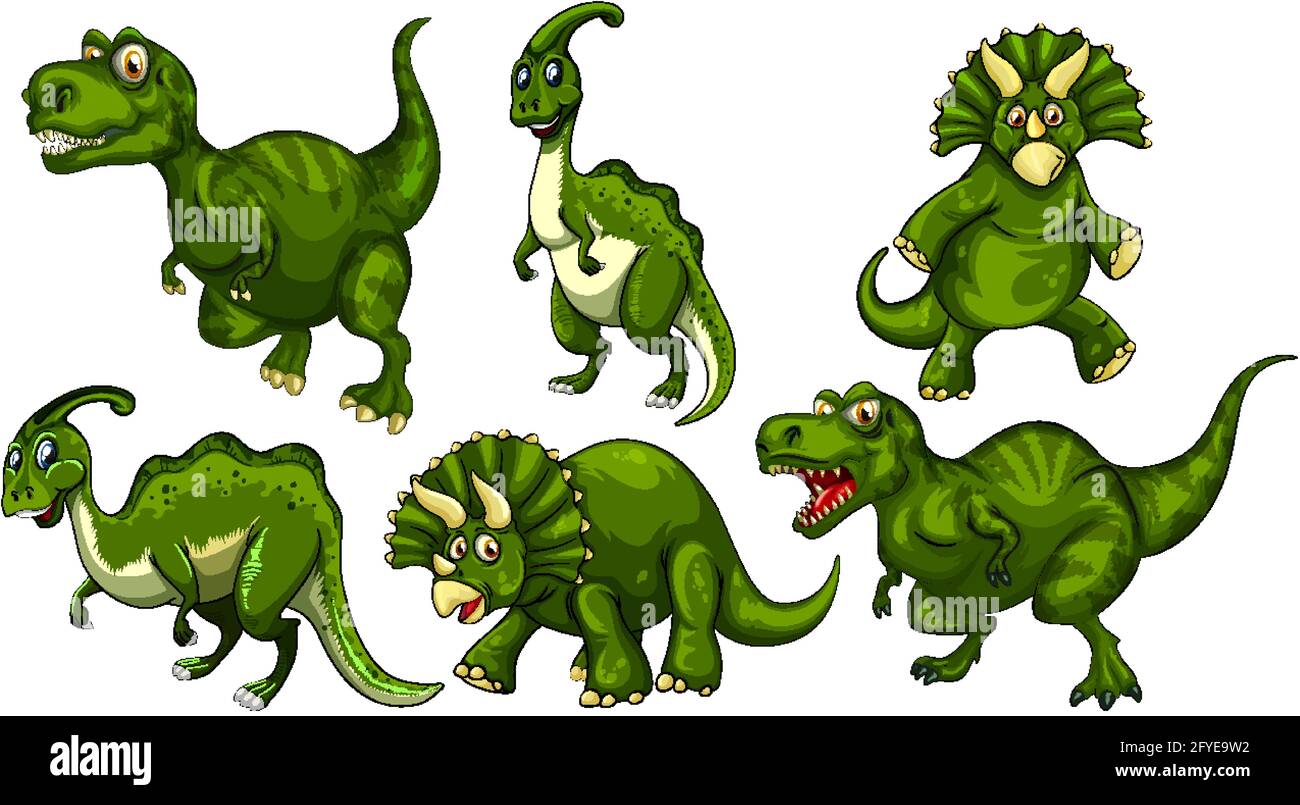 Set of green dinosaur cartoon character illustration Stock Vector Image ...