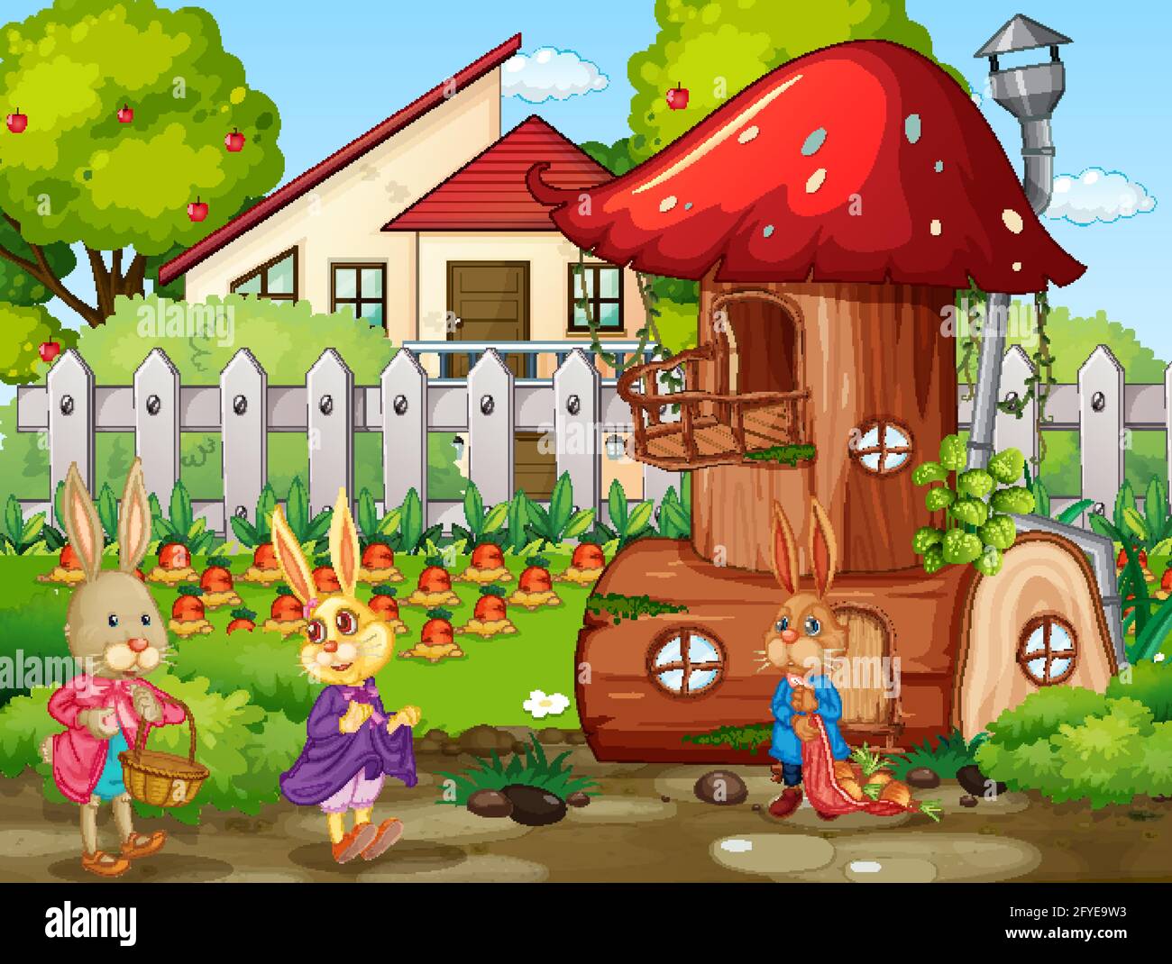 Garden scene with many rabbits cartoon character illustration Stock ...