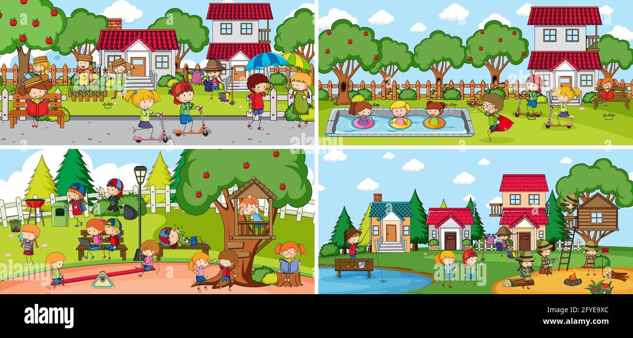 Outdoor scene set with many kids doodle cartoon character illustration ...