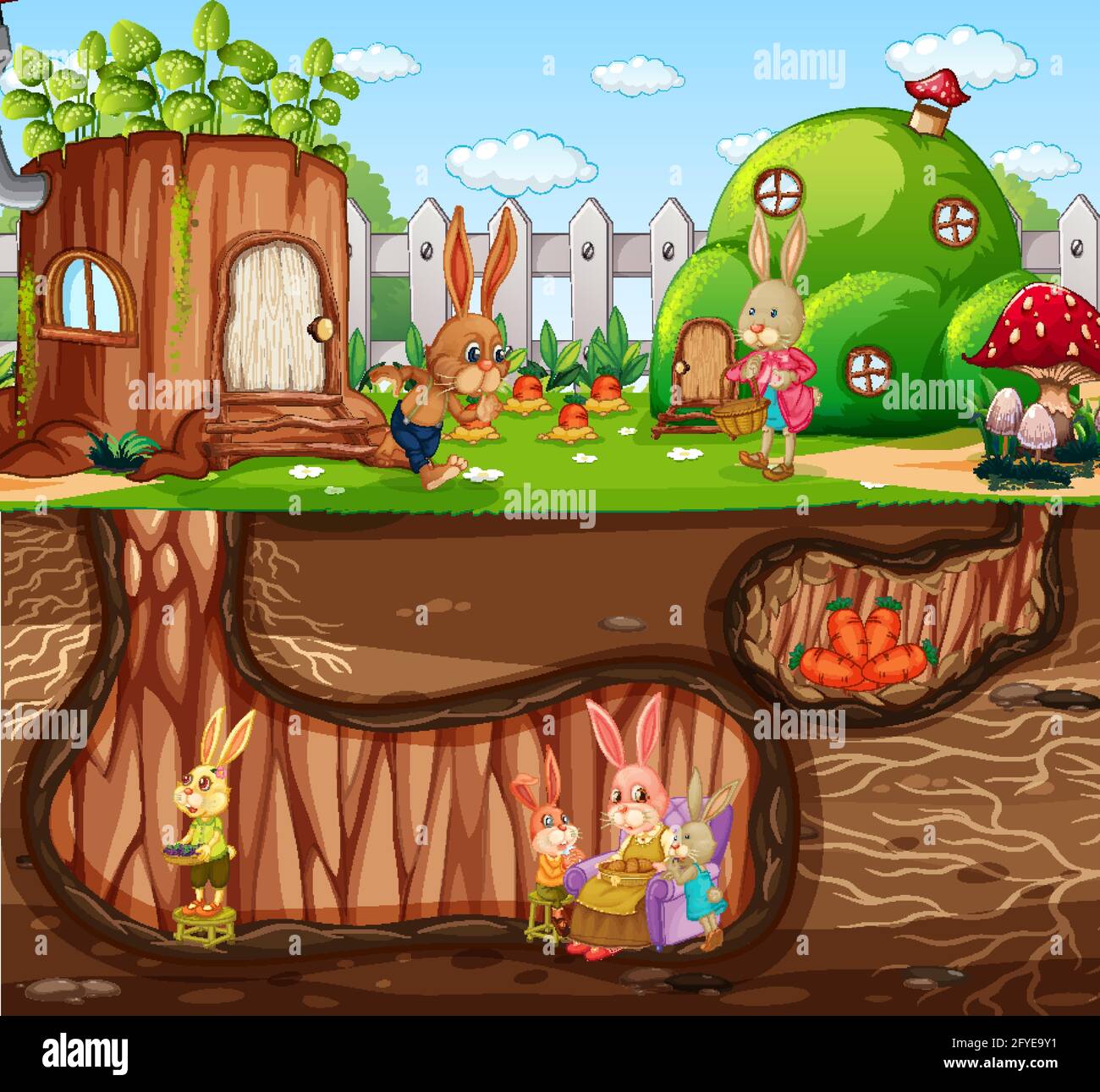 Underground rabbit hole with ground surface of the garden scene ...