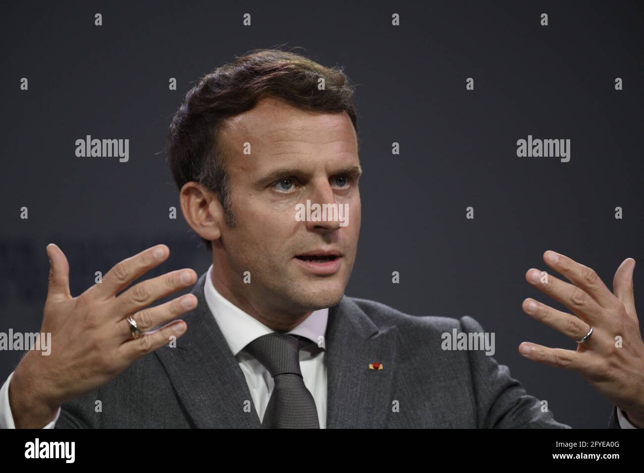 French President Emmanuel Macron gives a speech during the inauguration ...