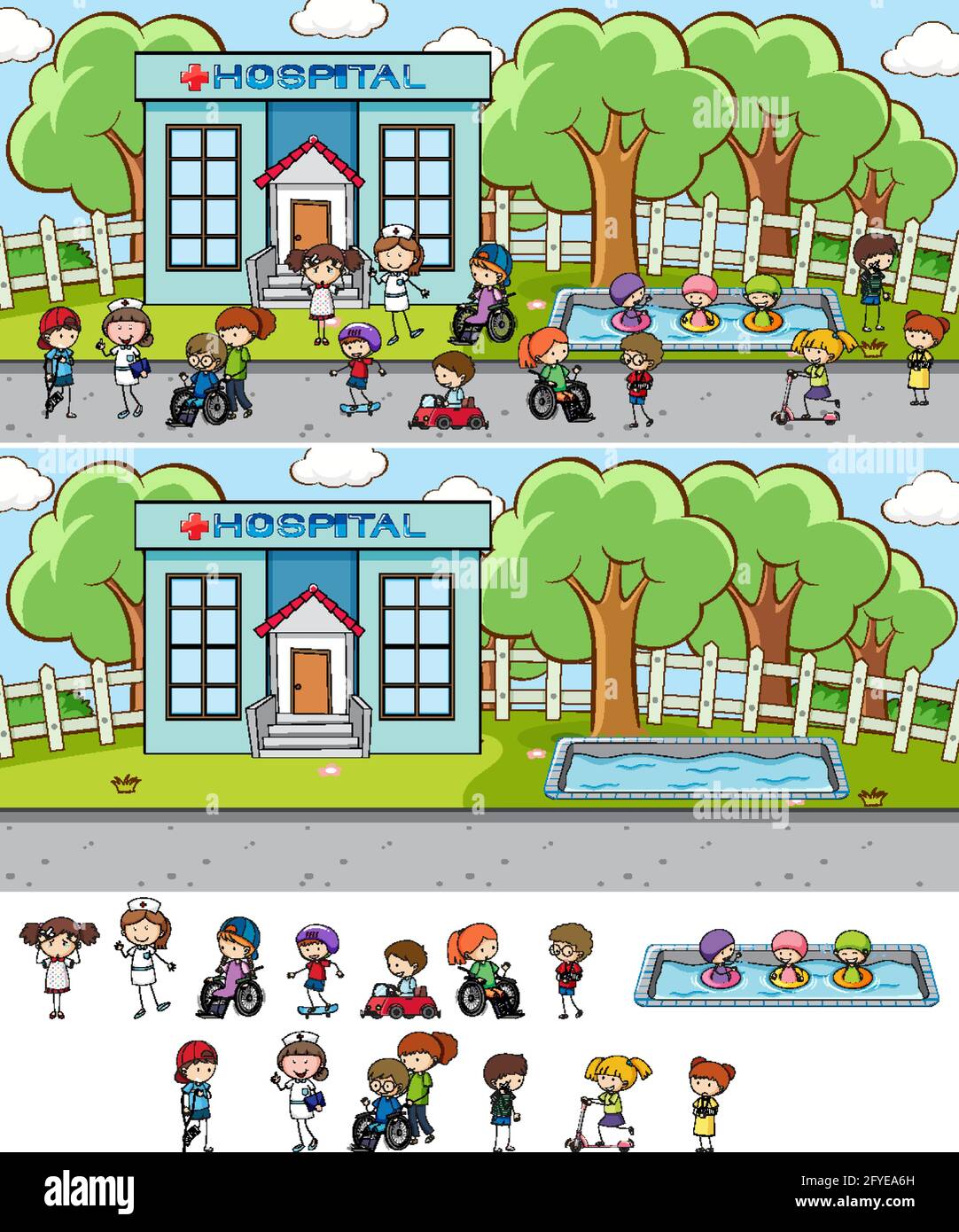 Set of different horizontal scenes background with doodle kids cartoon ...
