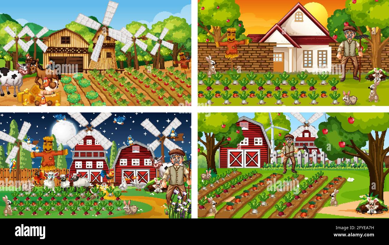 Different farm scenes with old farmer and animal cartoon character ...