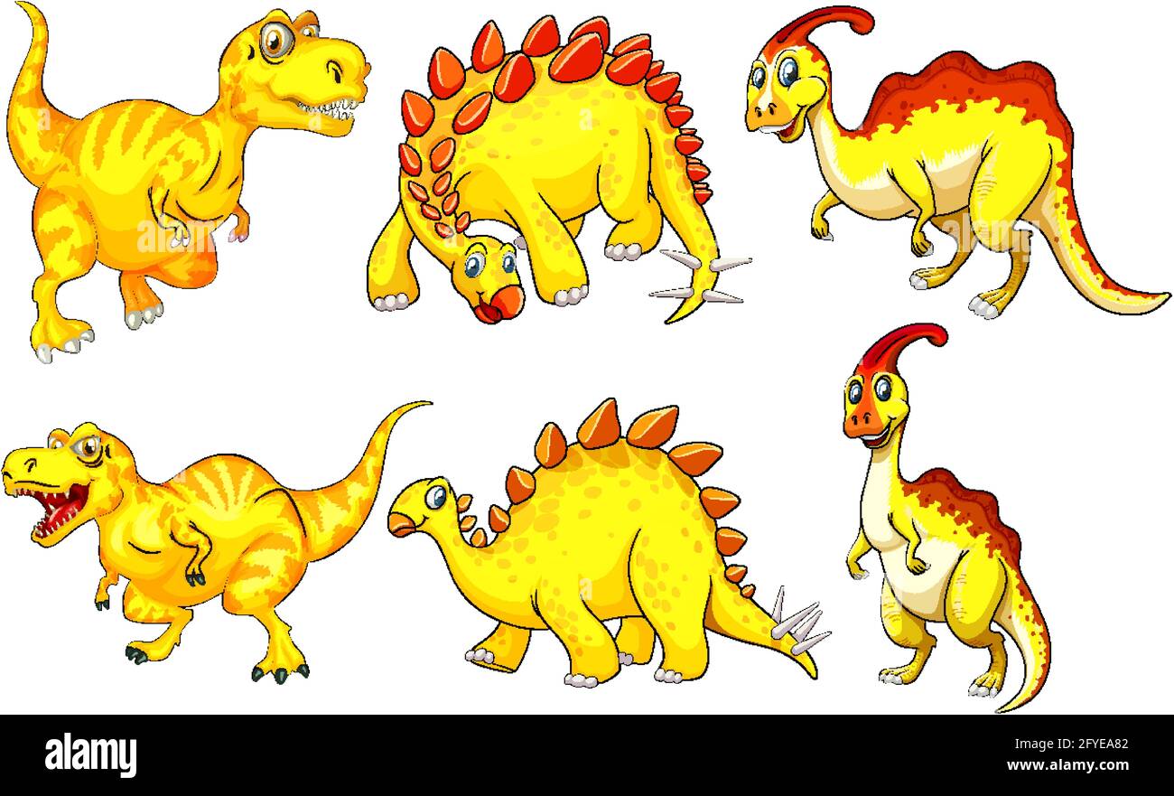 Set of yellow dinosaur cartoon character illustration Stock Vector ...