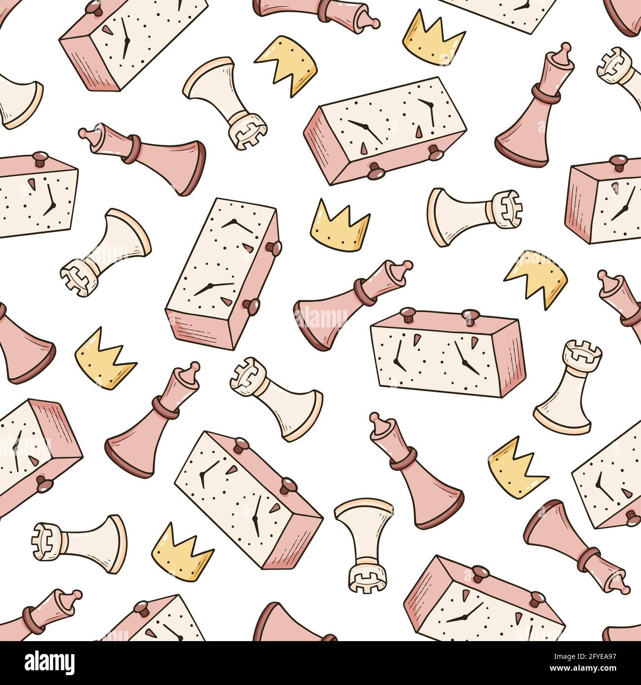 Hand drawn seamless pattern of cartoon chess game pieces. Doodle sketch ...