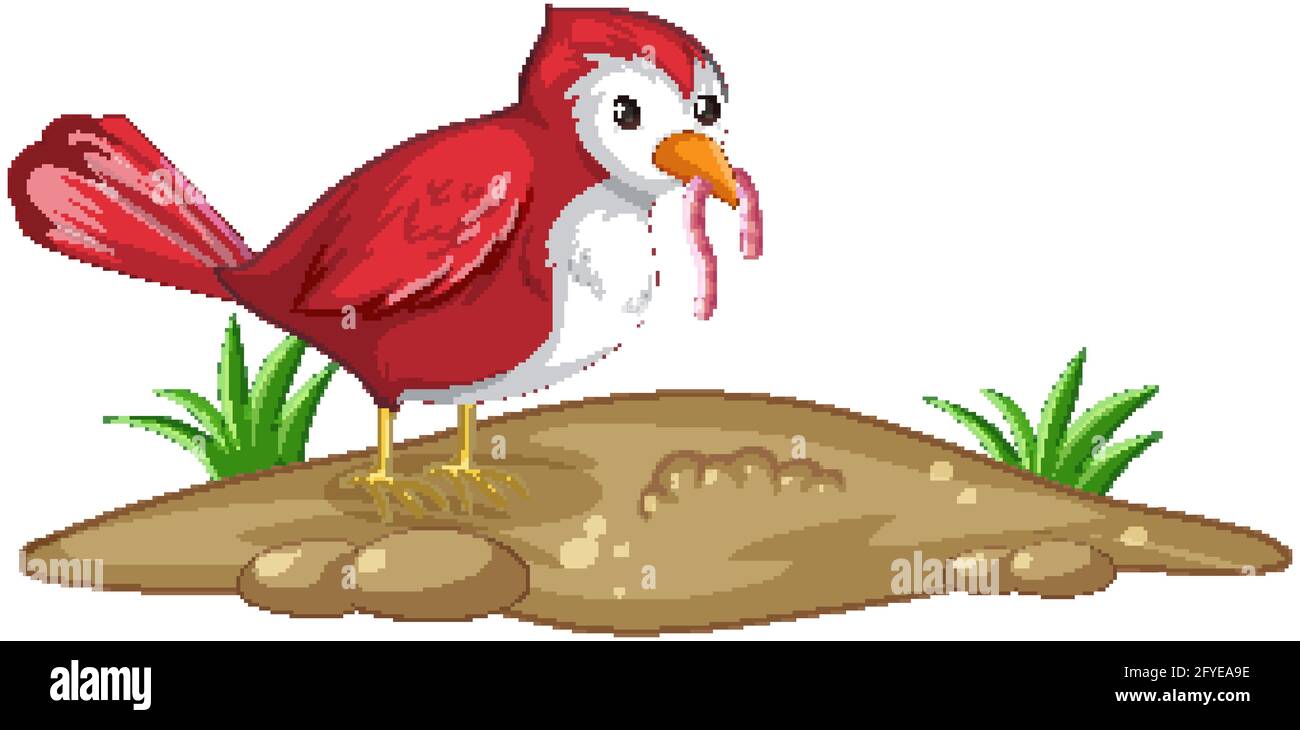 A red bird catching worm in cartoon style isolated illustration Stock ...