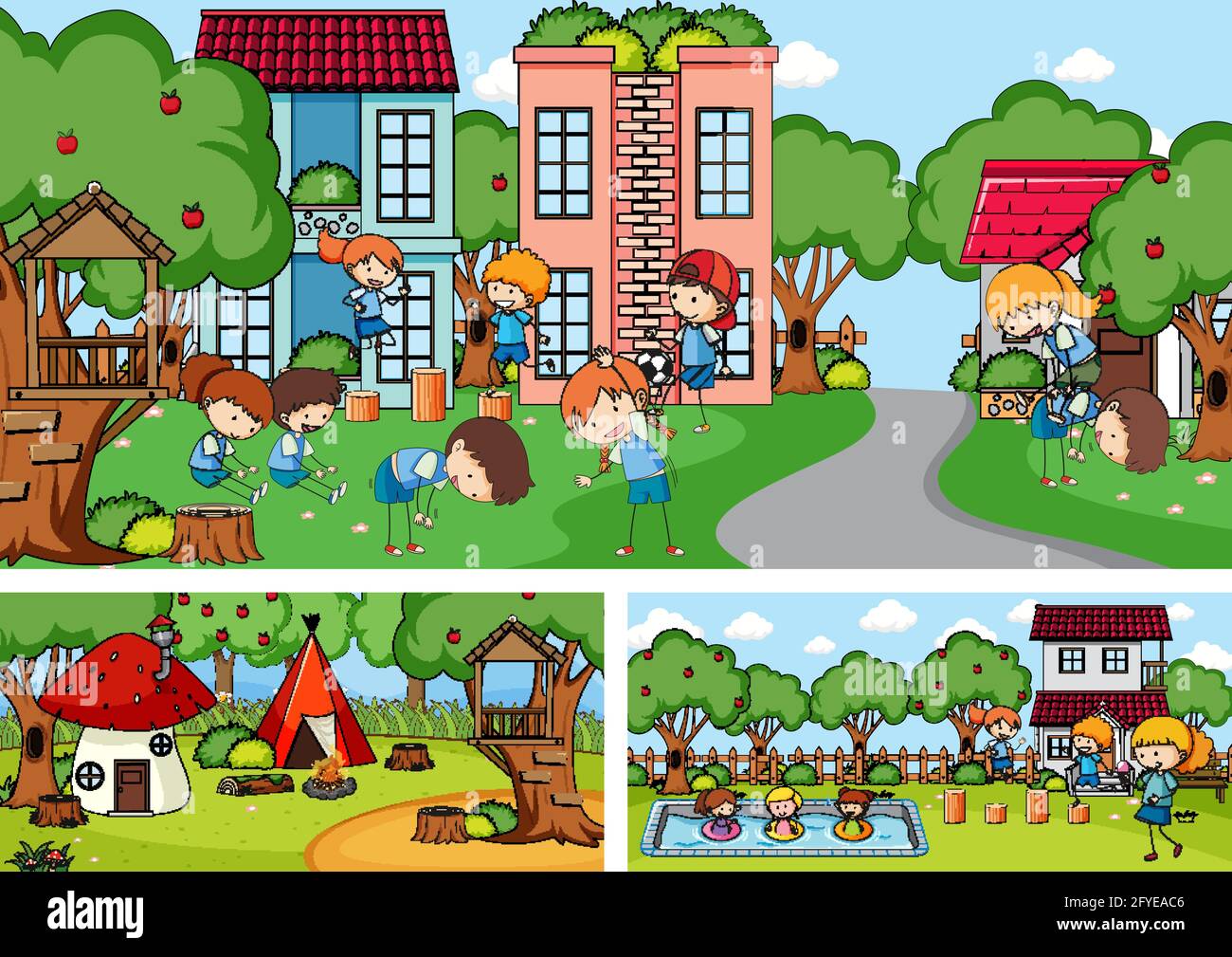 Set of different horizontal scenes with doodle kids cartoon character ...