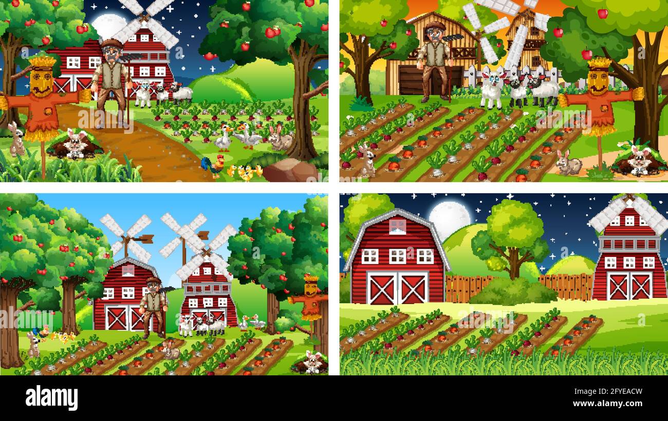 Different farm scenes with old farmer and animal cartoon character ...