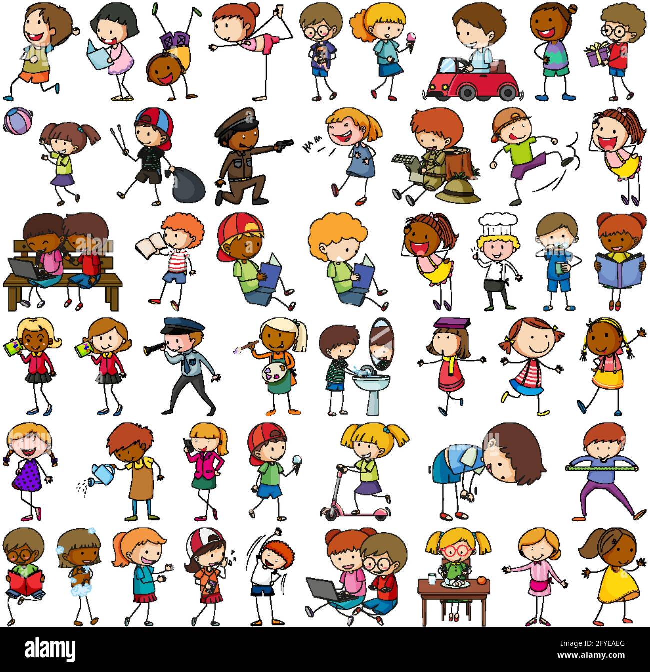 Set of different doodle kids cartoon character illustration Stock ...