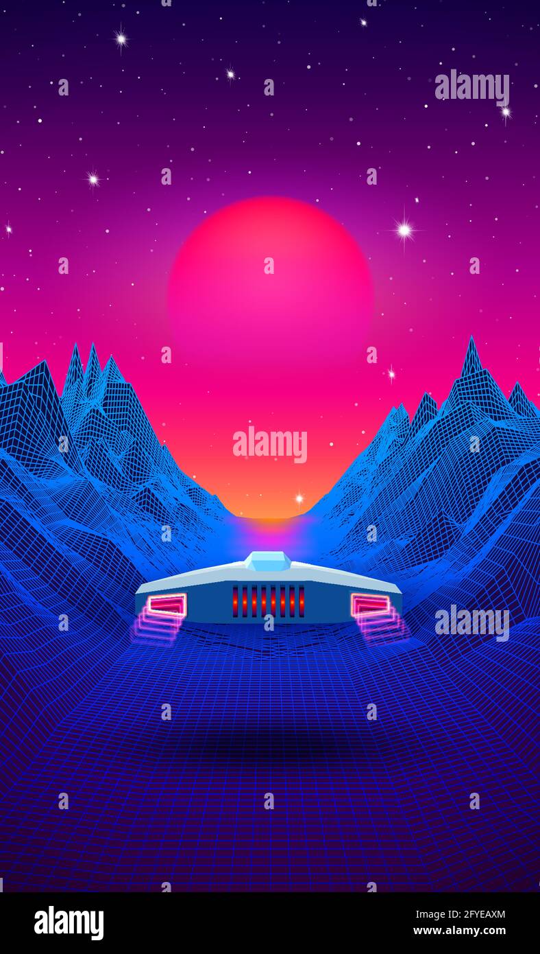 Arcade space ship flying to the sun over the blue landscape with 3D ...
