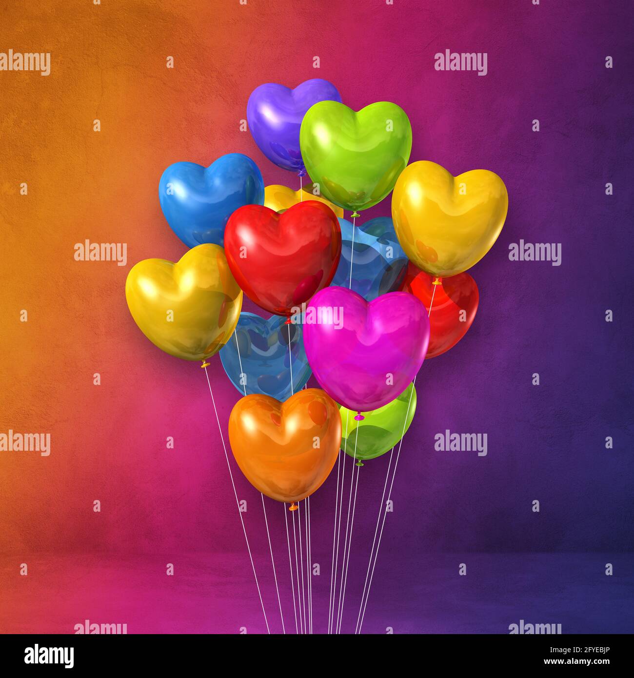 Colorful heart shape balloons bunch on a rainbow wall background. 3D ...