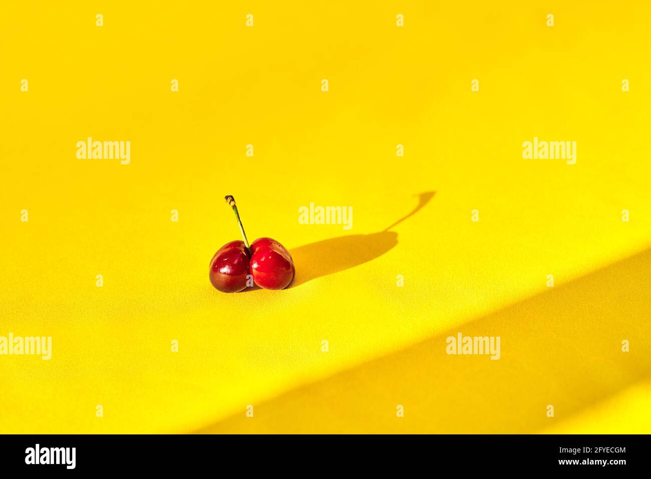 Closeup of red cherries with shadow isolated on a yellow background ...