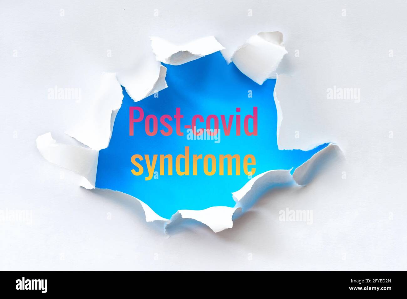 Text Post Covid Syndrome. Teared paper hole in white and light blue ...
