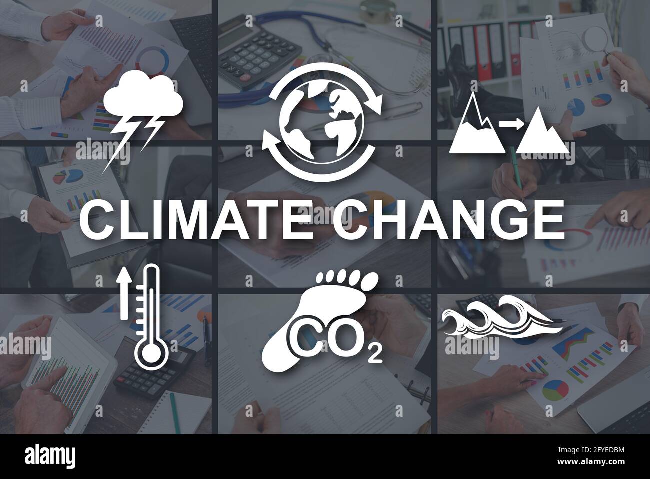 Climate change concept illustrated by pictures on background Stock ...