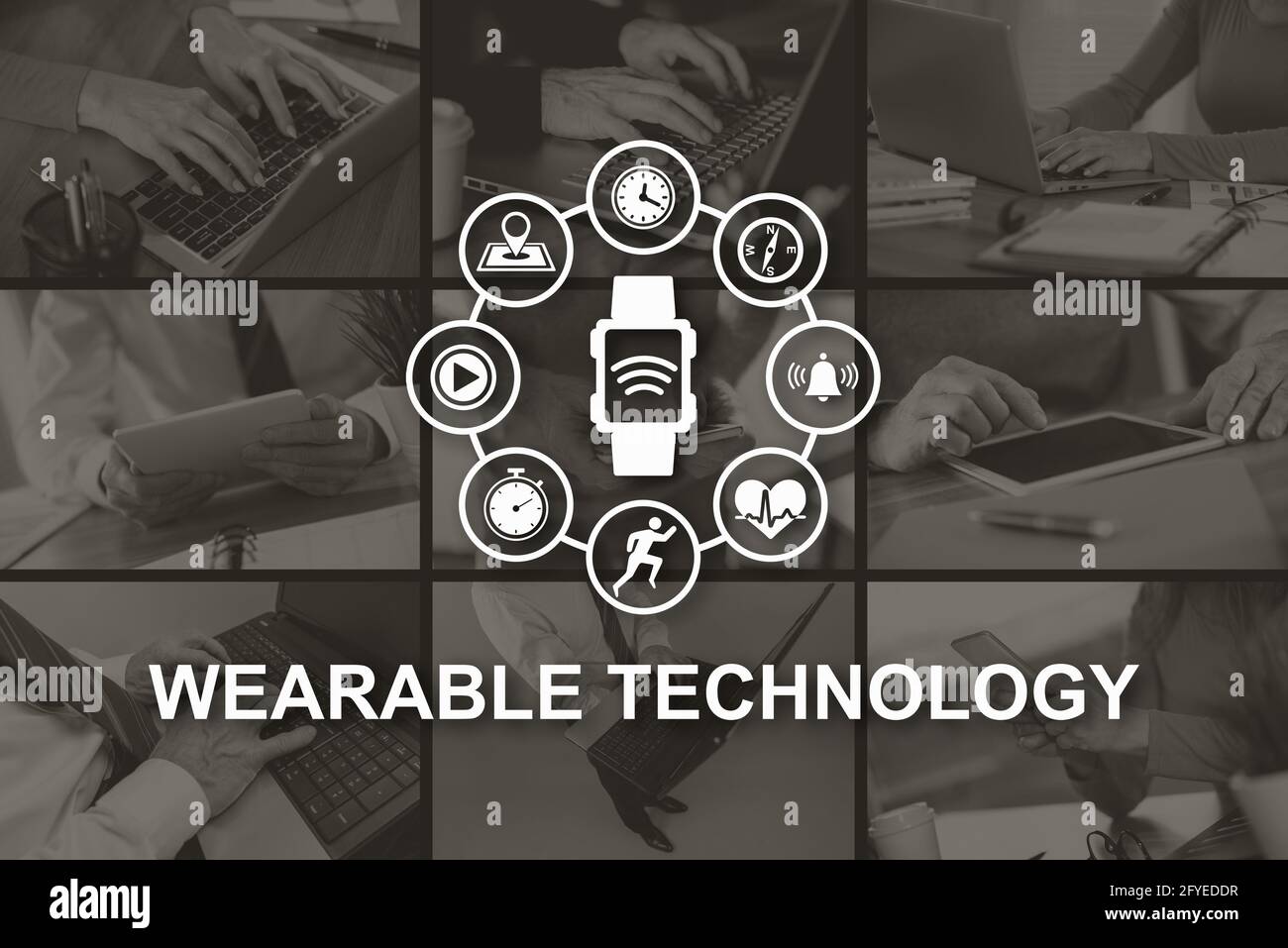 Wearable technology concept illustrated by pictures on background Stock ...