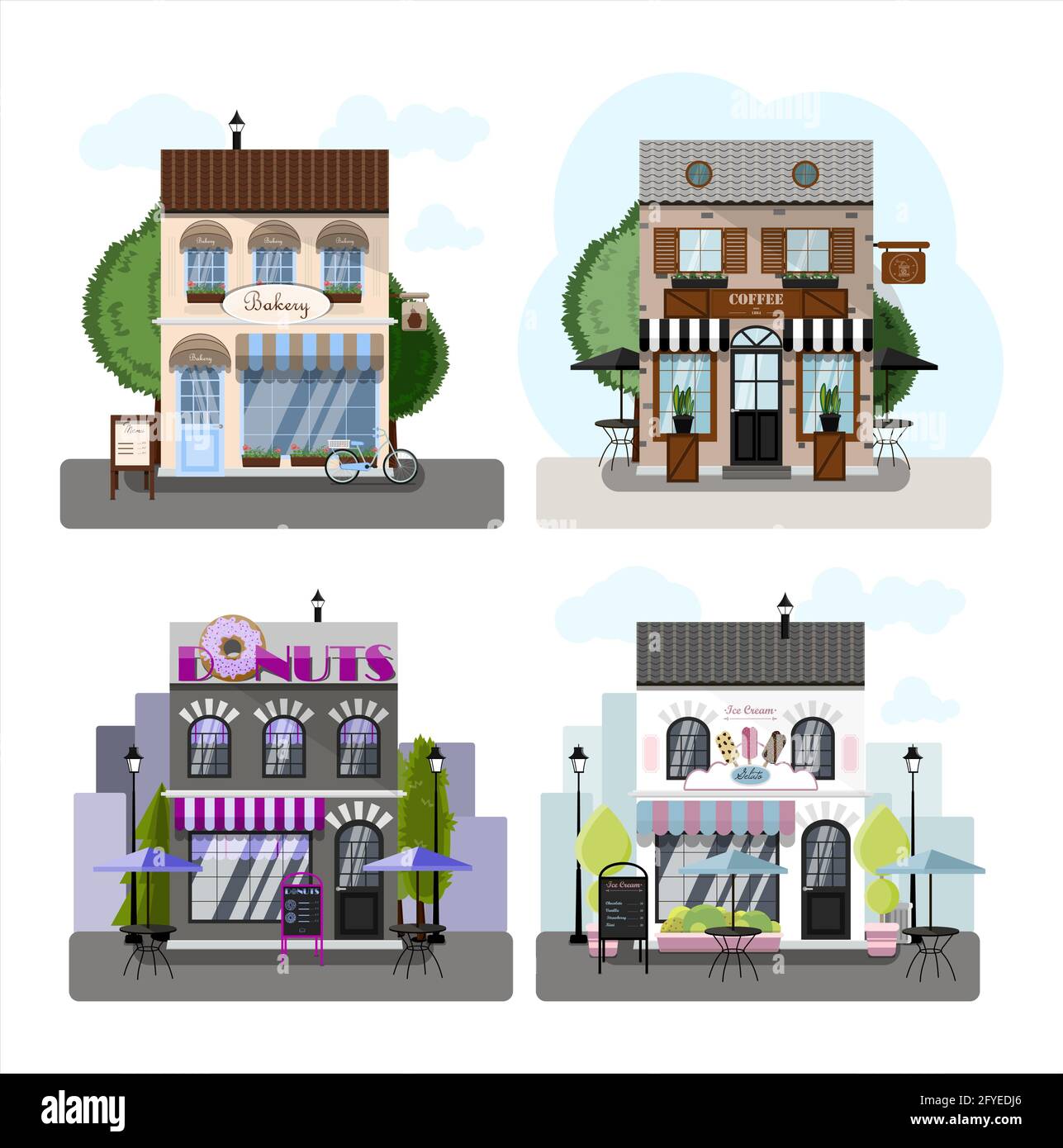 A set of vector stores, restaurants and cafes. Two-story donuts cafe ...