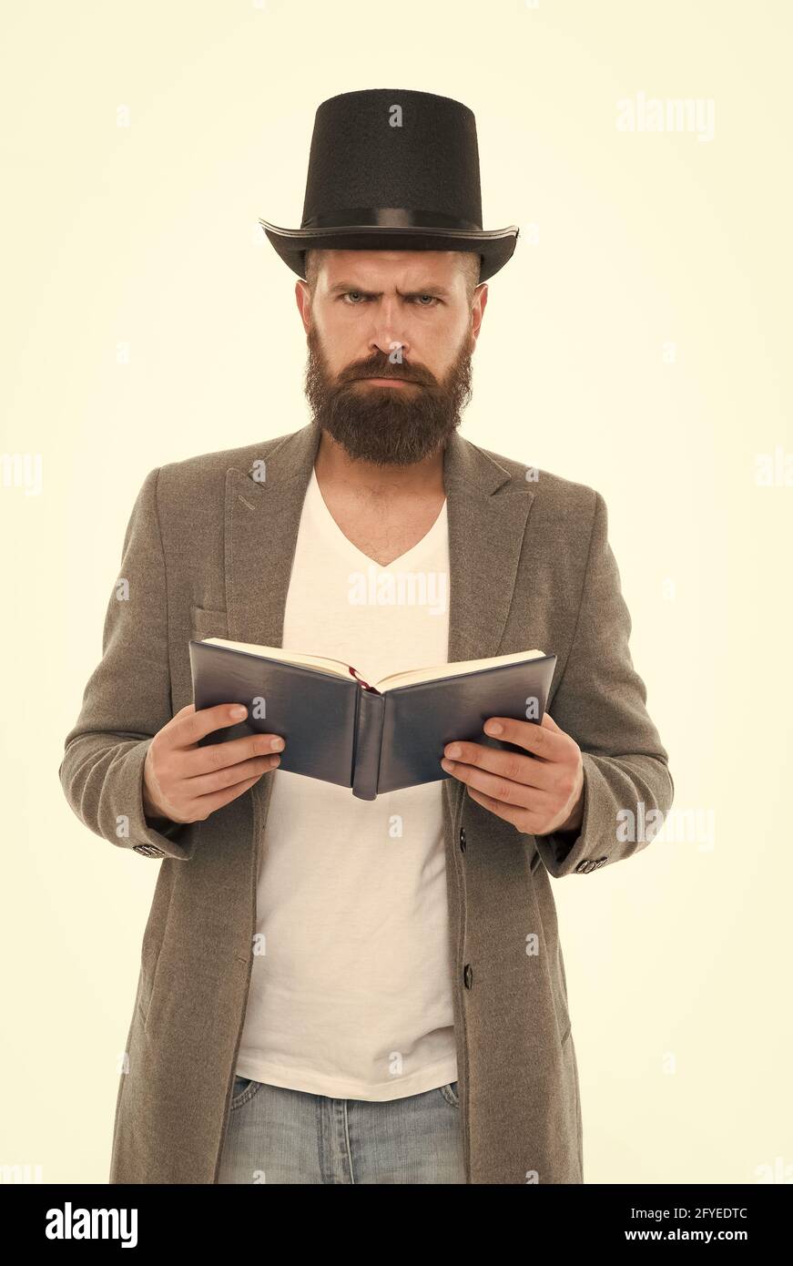 Dramatic look. Reading dramatic scenario. Bearded man read book ...