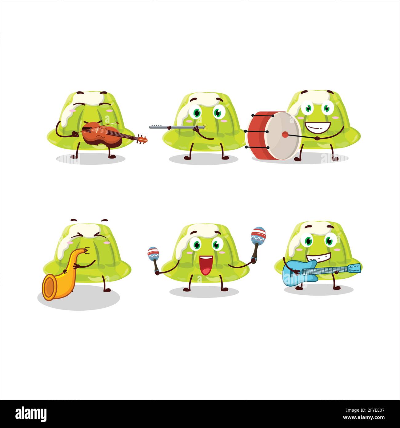 Cartoon character of green pudding playing some musical instruments ...