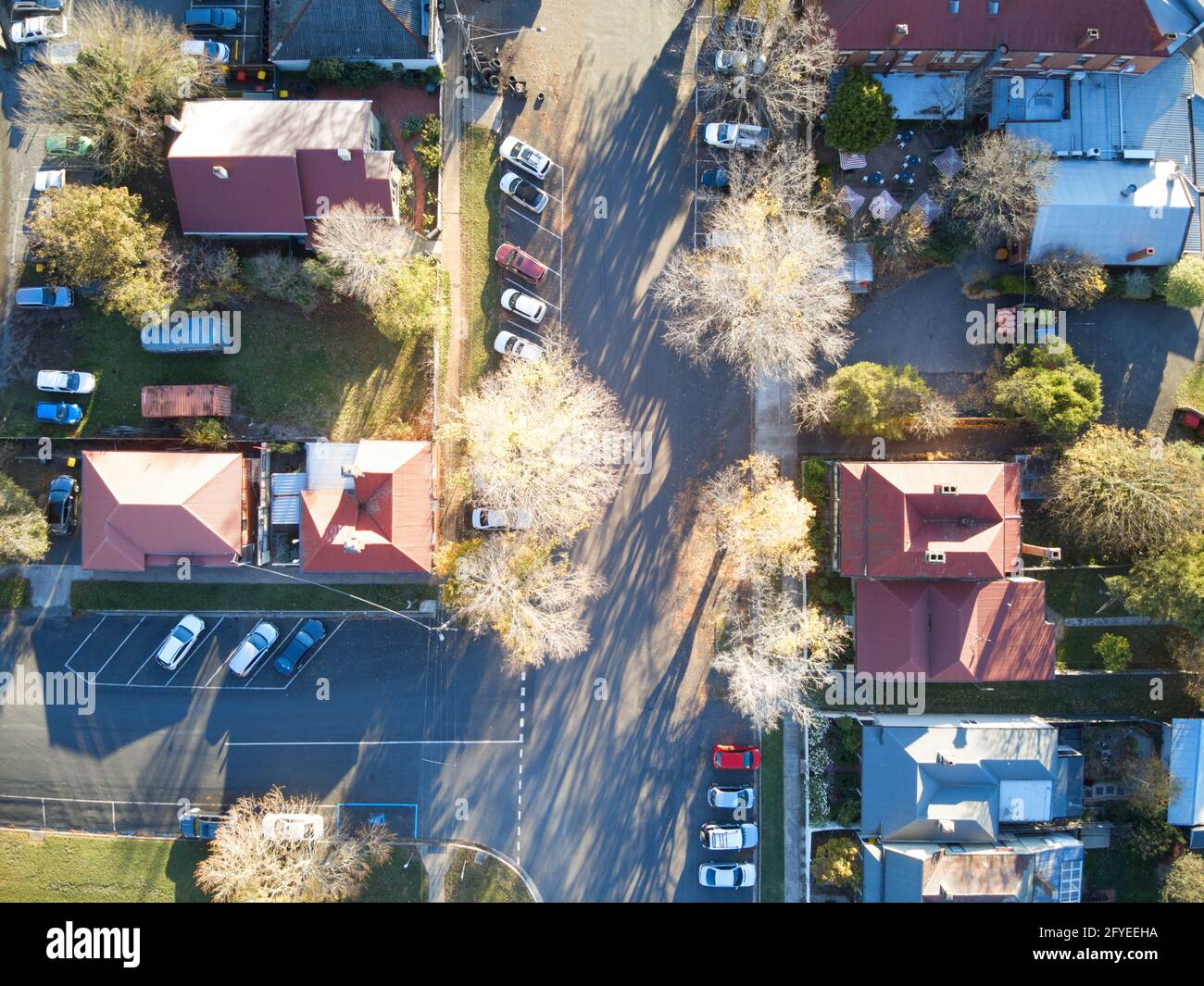 Houses aerial overhead view with urban street scene, asphalt road ...